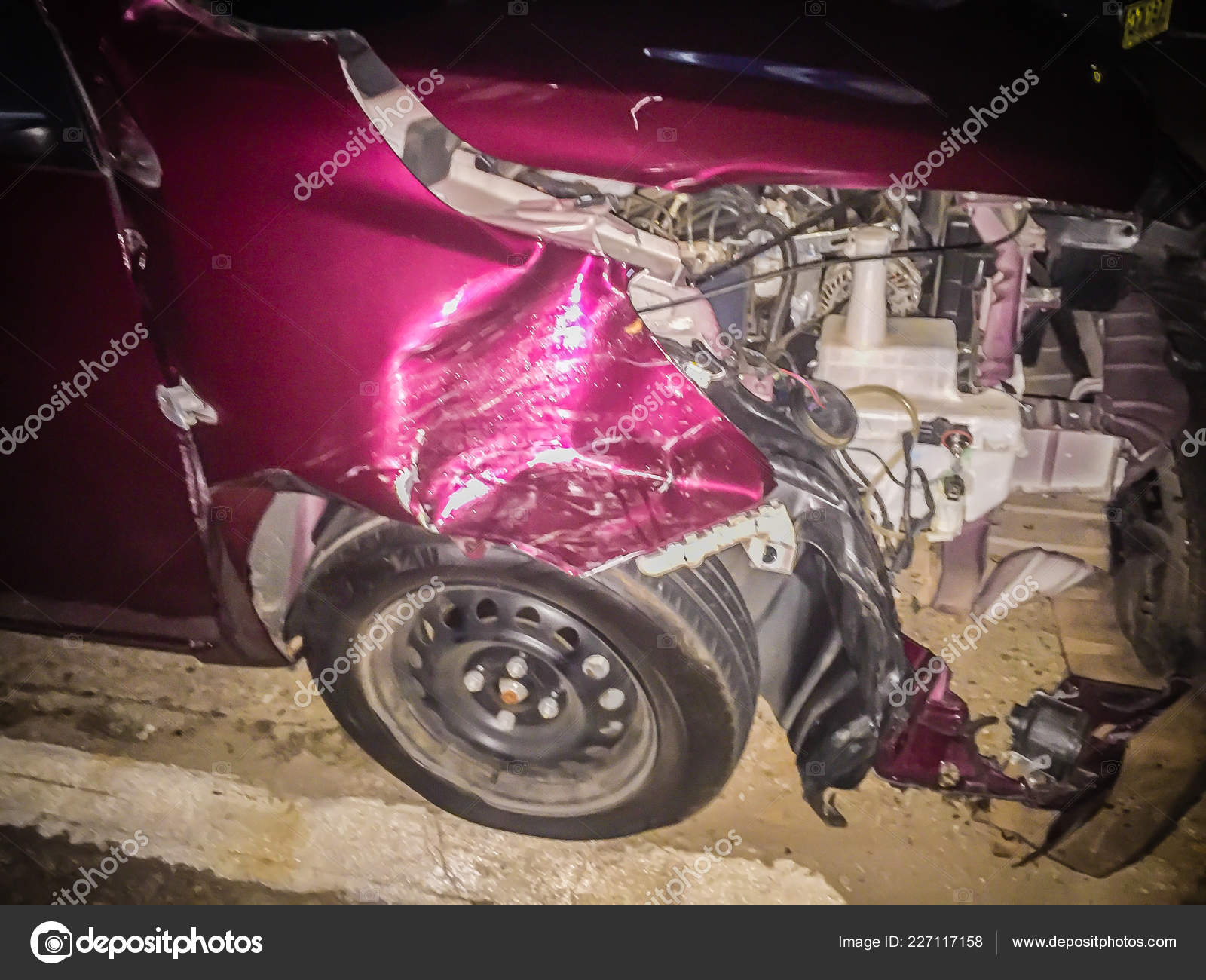 Front Red New Car Distorted Accident Night Crashed New Red — Stock ...