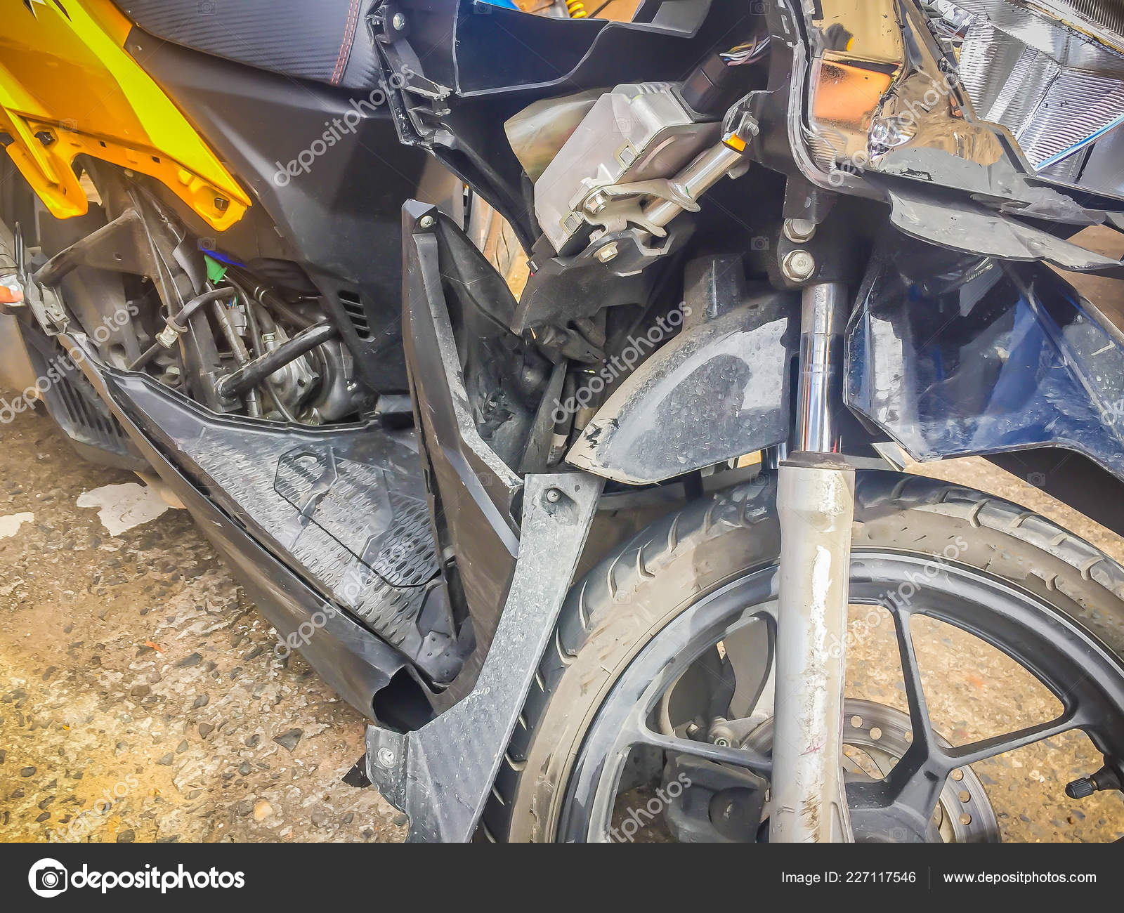 Close Front New Motorcycle Distorted Accident Crashed New Motorbike ...