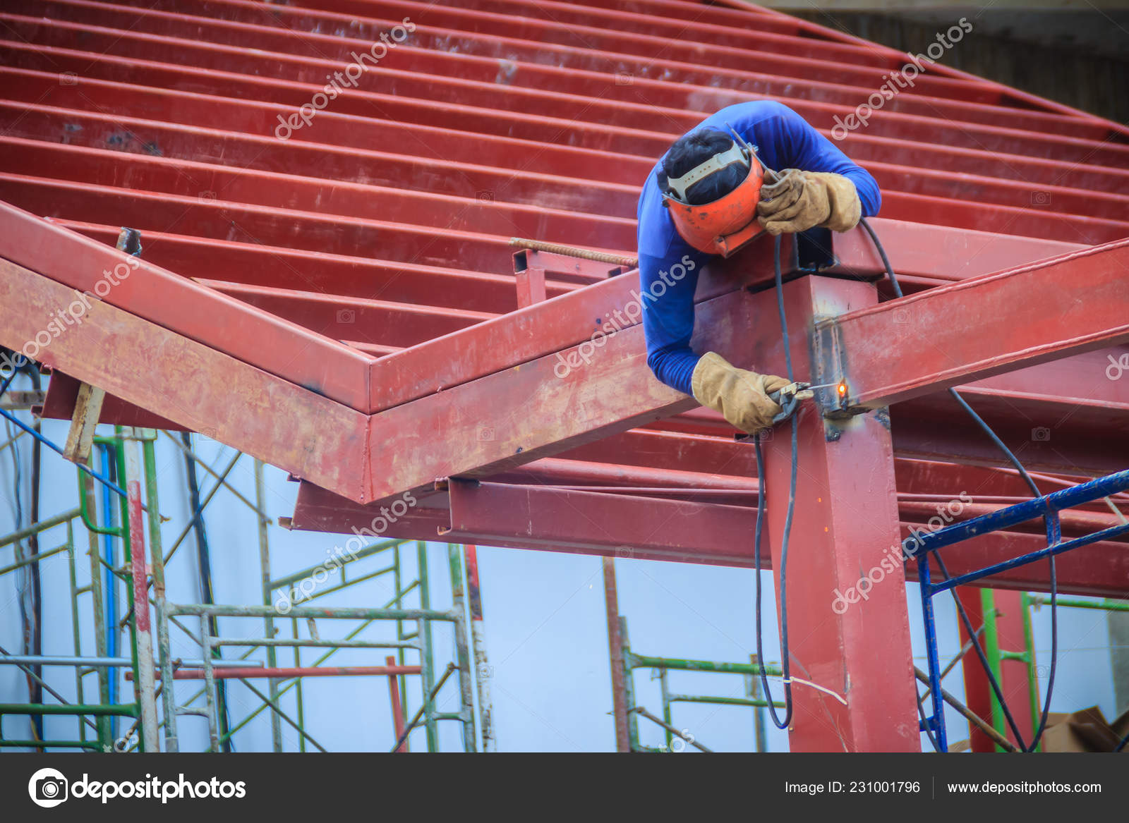 Risky Welder While Climbing Welding Top Steel Roof Structure Work Stock ...