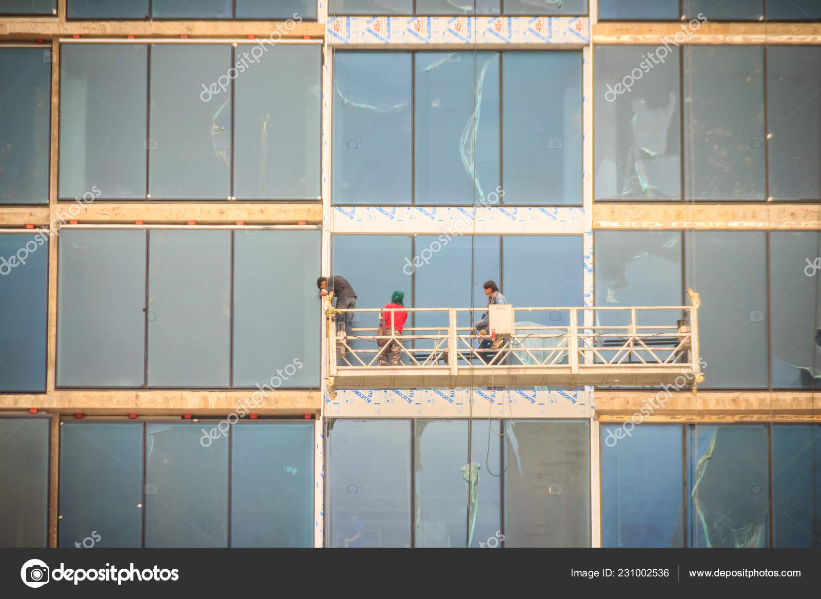 Construction Workers Suspended Cradle Platform Skyscraper