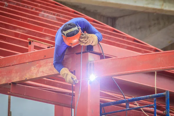 Risky Welder While Climbing Welding Top Steel Roof Structure Work Stock ...