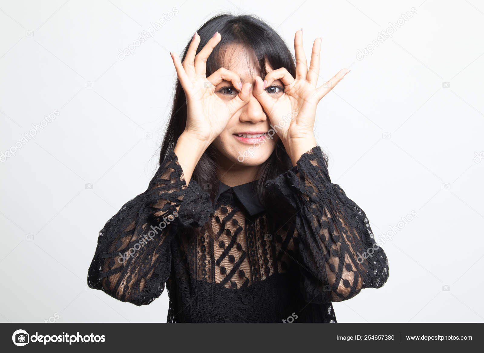 Asian woman do funny double OK sign as glasses. — Stock Photo ...