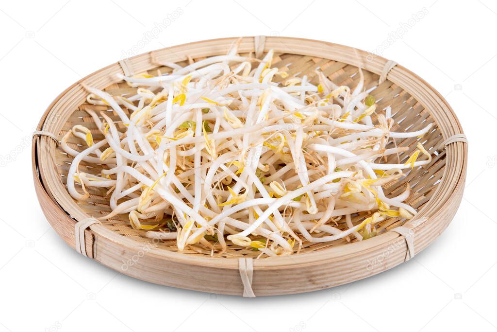 brotes de frijol en plato de madera aislado sobre fondo blanco. 2023