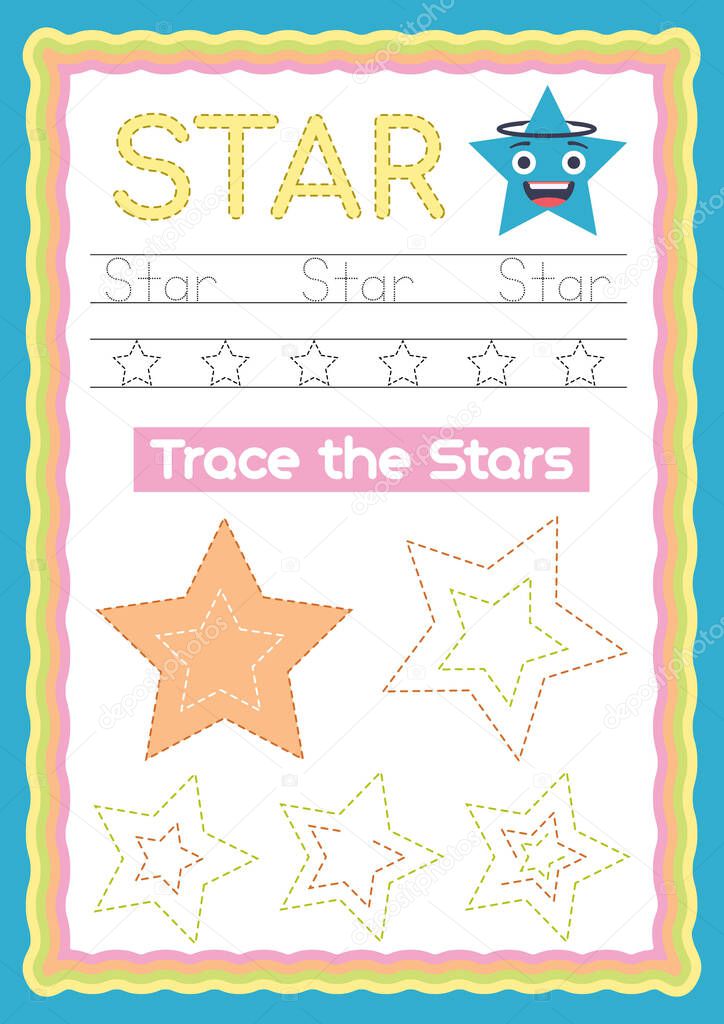 Preescolar Colorida estrella Forma, trazado y escritura hoja de trabajo ...