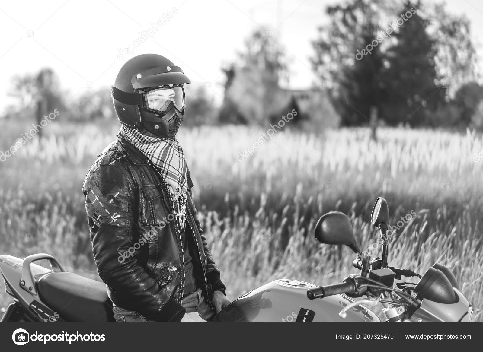 Biker Wearing Helmet Leather Jacket Sitting Sport Motorcycle Outdoor ...