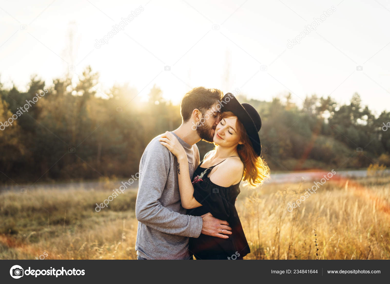 Pretty Young Romantic Couple Spend Time Together Outdoor Stock Photo by ...