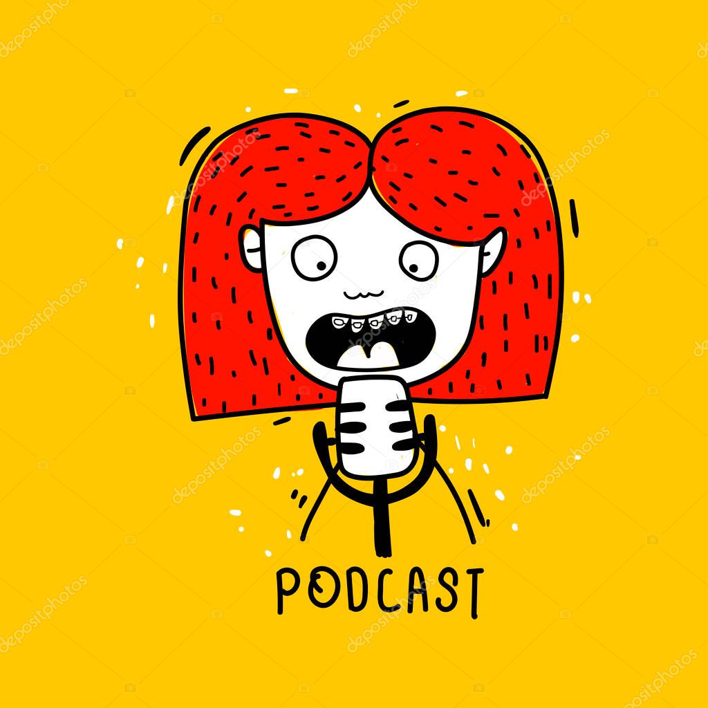 Micrófono, ilustración de podcast. Medios. La niña cuenta la historia ...