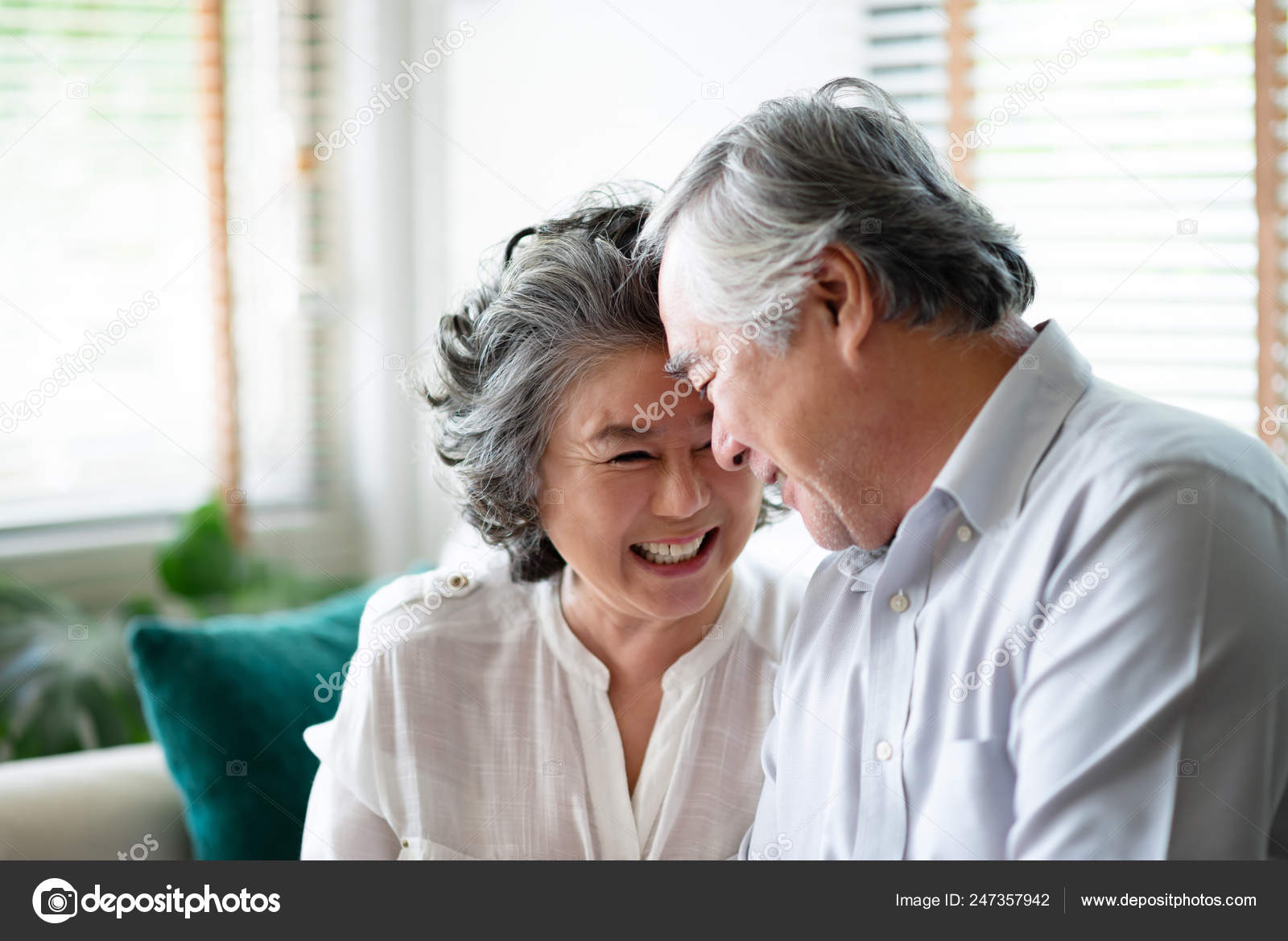Asian Senior Couple Love Laughing Having Fun House Anniversary Copy ...