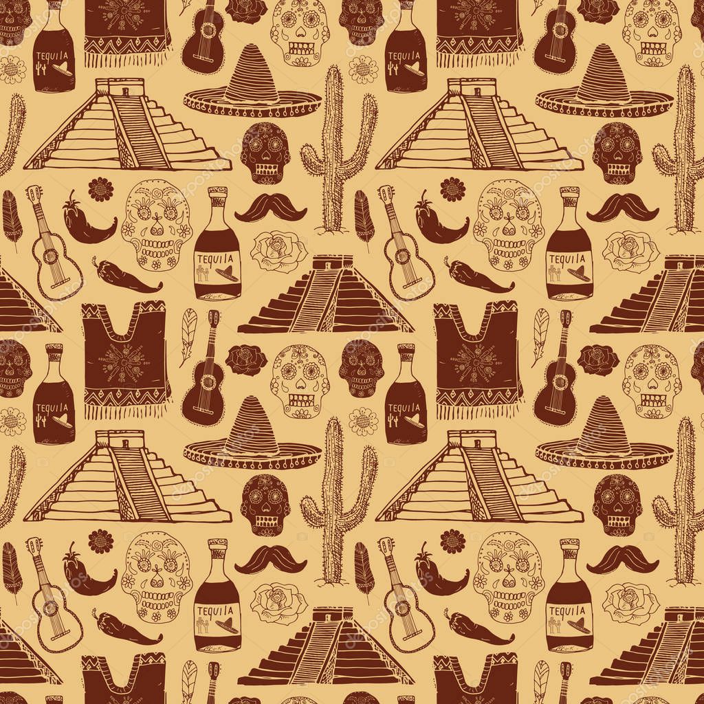 M xico elementos garabatos patr n sin costura, bosquejo dibujado a mano sombrero tradicional ...