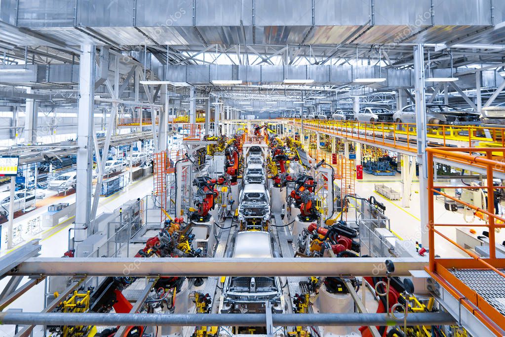 Línea de producción automotriz. Cuerpo del coche de soldadura. Planta ...