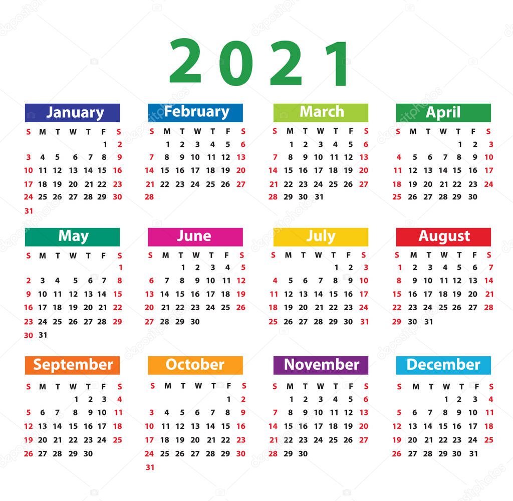 Calendario 2021 a partir del domingo. Ilustración vectorial 2024