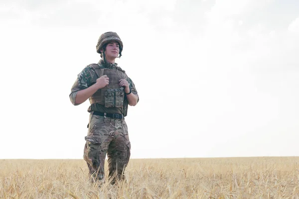 Soldier man standing against a field. Portrait of happy military ...