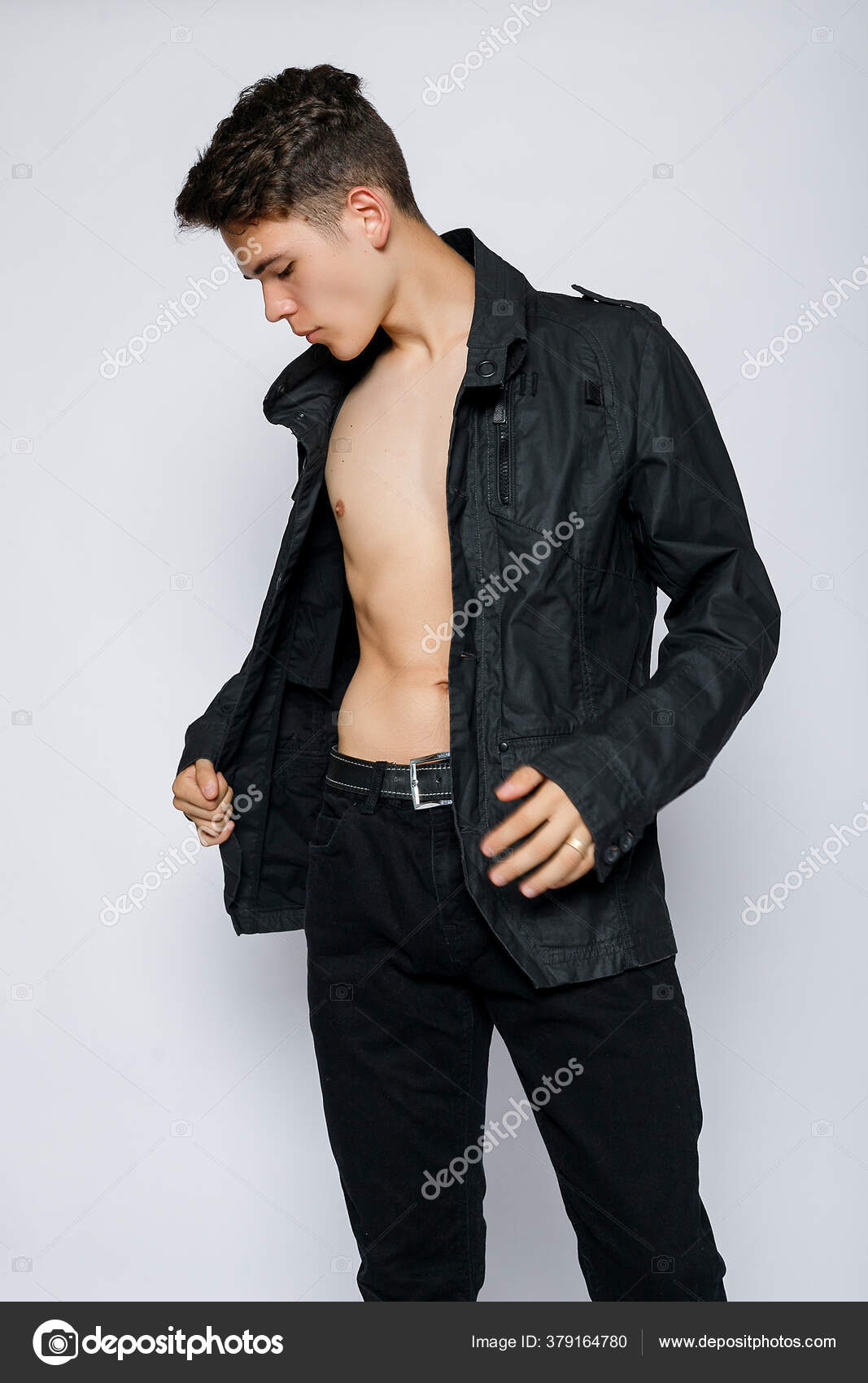 Young Muscular Man Black Jacket Jeans Young Handsome Man Leather Stock ...