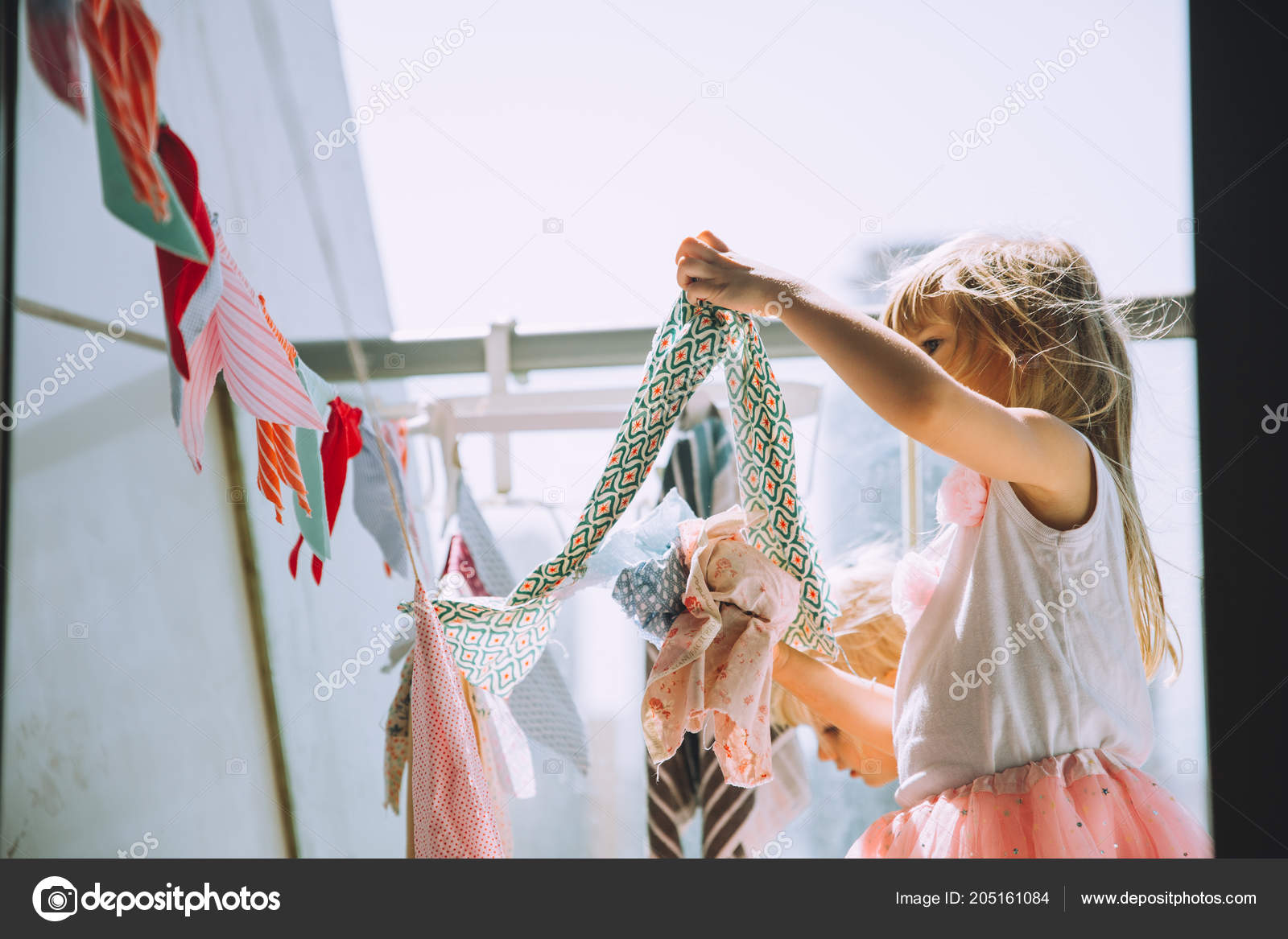 Adorable Little Girls Hanging Out Laundry Sunny Day Stock Photo by ...