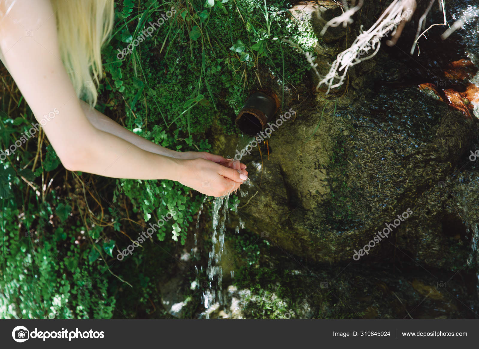 Woman drinking a spring water in the forest — Stock Photo © Iatanni ...