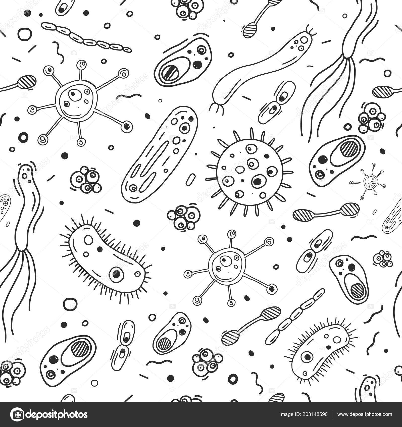 Bacteria germs hand drawn doodle seamless pattern with microorganism ...