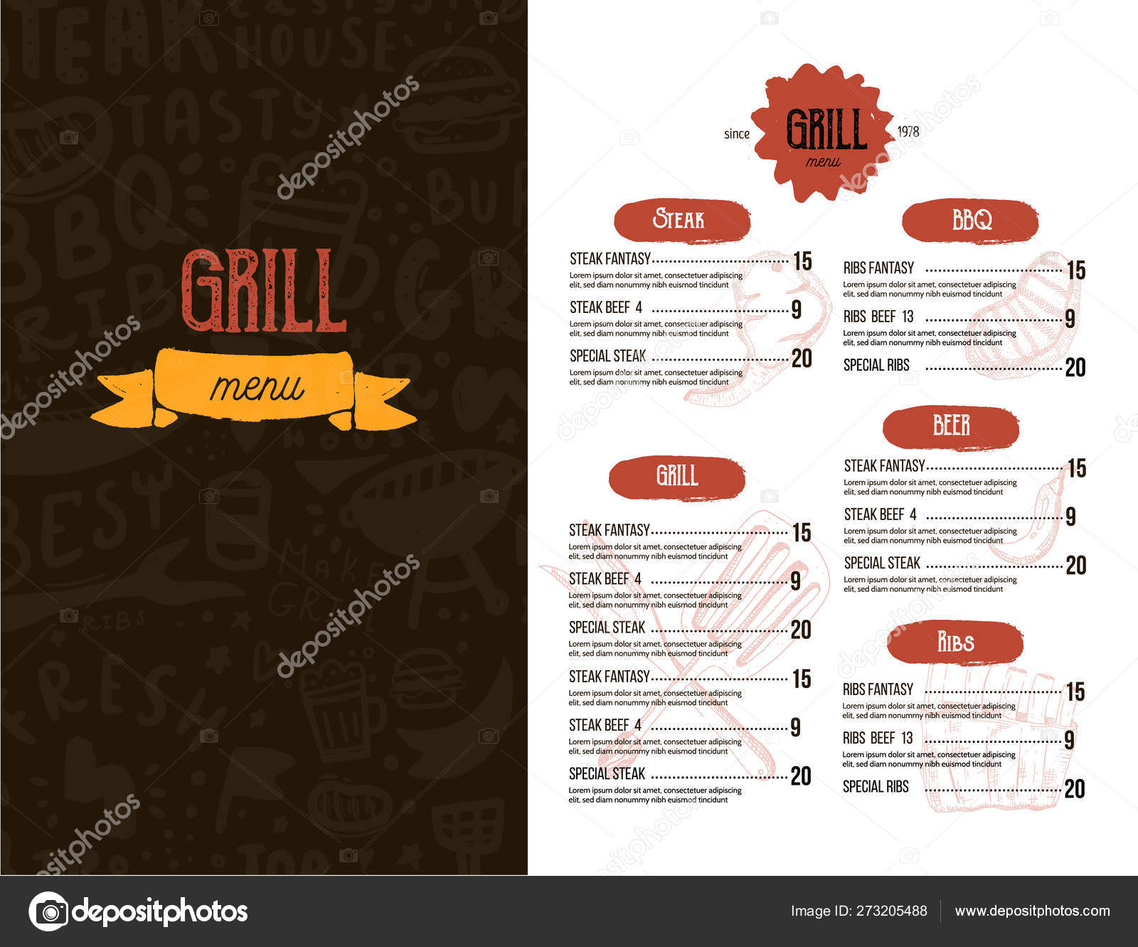 Vintage grill menu design. Grill poster with doodle background. Steak ...
