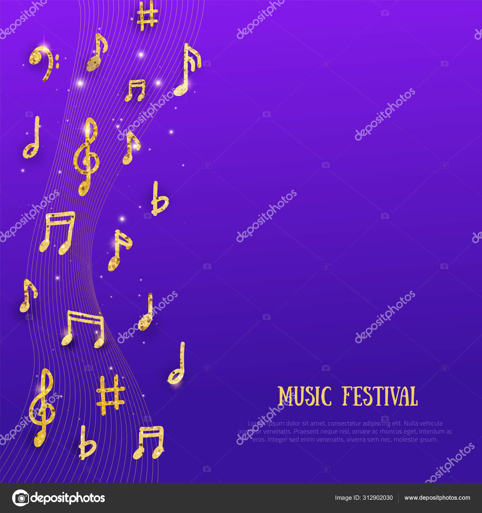 Music poster design with golden notes and waves on dark gradient ...