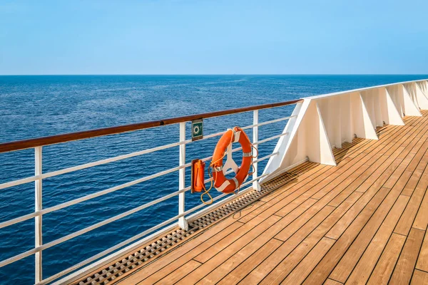 Wooden Deck Railing Cruise Ship Beautiful Sunset Ocean View — Stock ...