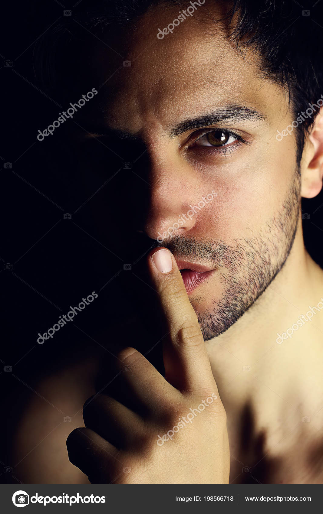 Handsome Man Gesturing Silence Dramatic Portrait Black Background Book ...