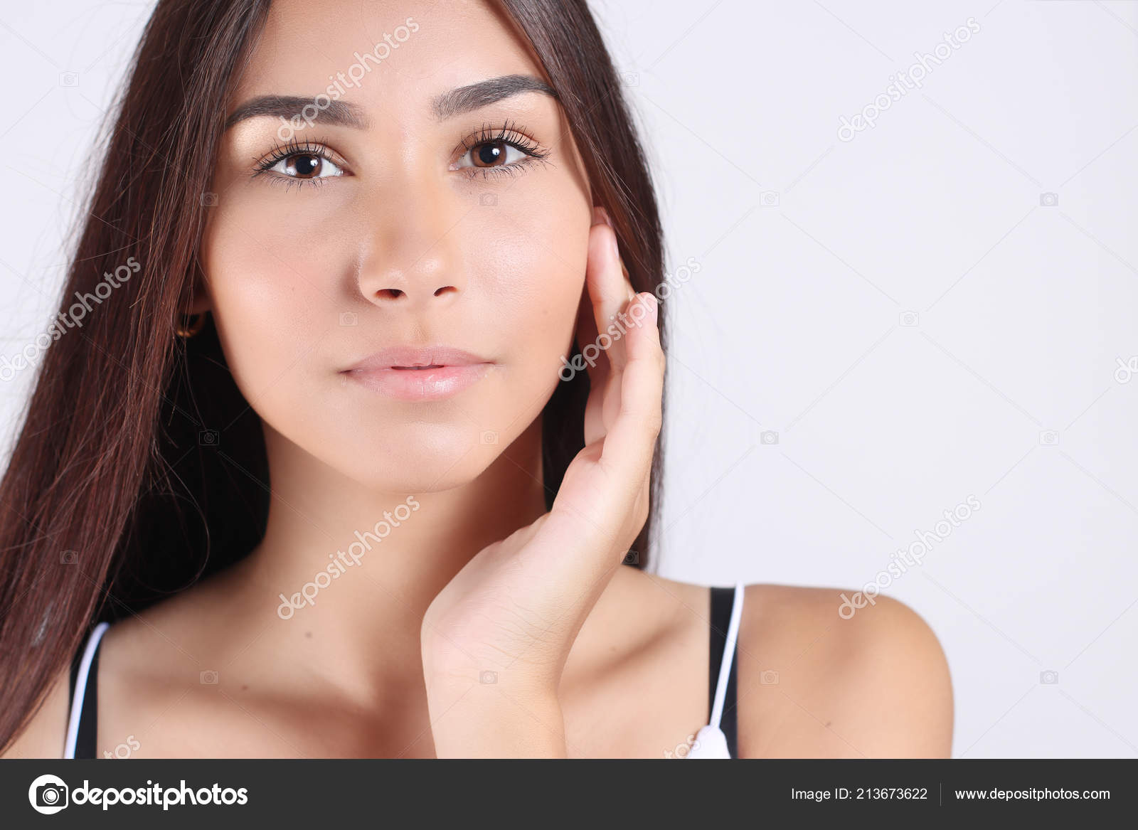 Beautiful Young Model Applying Cosmetic Cream Treatment Her Face White ...