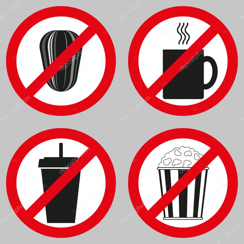 Iconos de la colecci n: sin semillas, palomitas de ma z y bebidas. ban, advertencia. C rculo ...