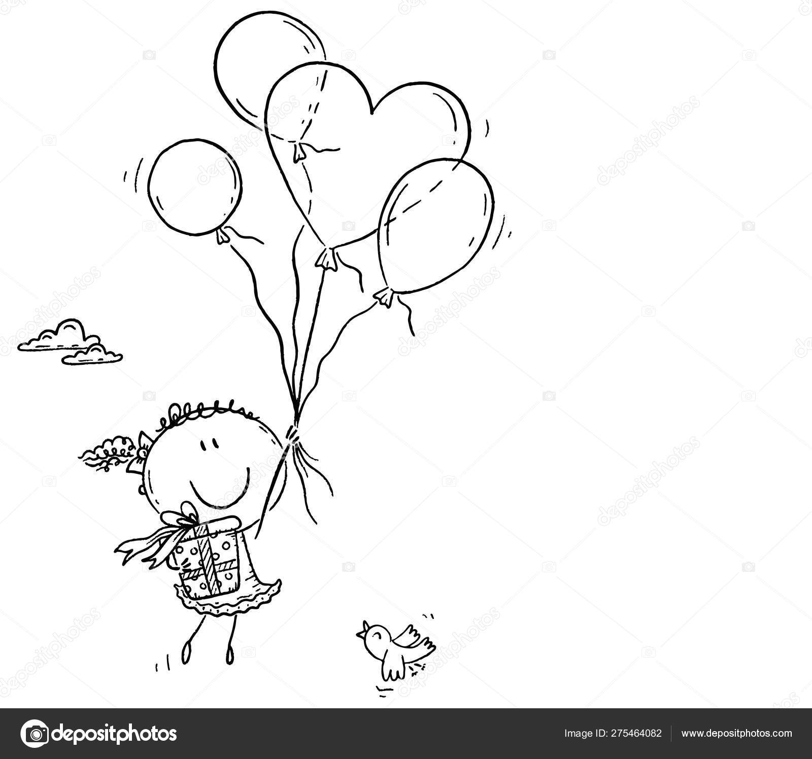 Girl flying with the balloons and carrying a present, birthday greeting ...