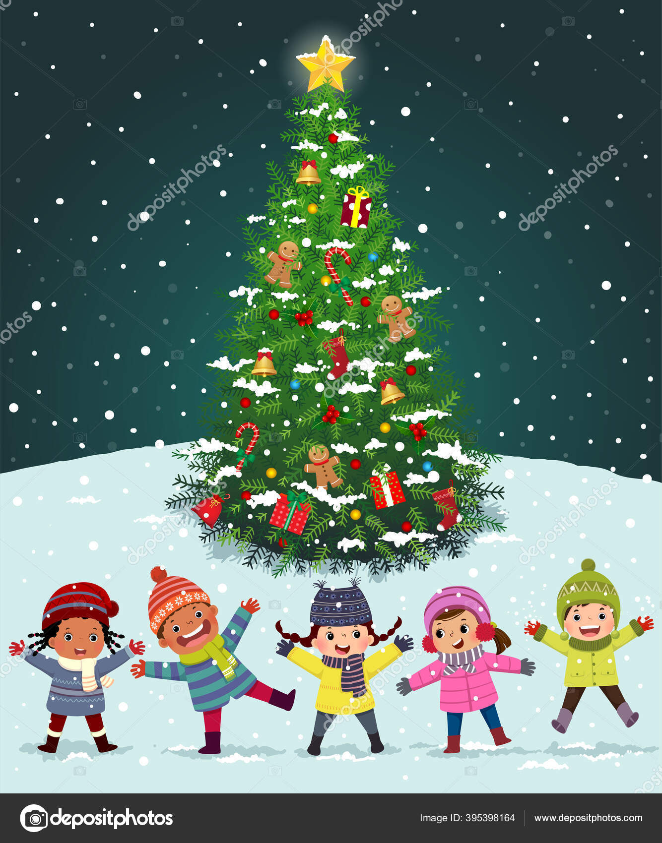 Happy Kids Playing Christmas Tree Snow Happy New Year Merry Stock ...