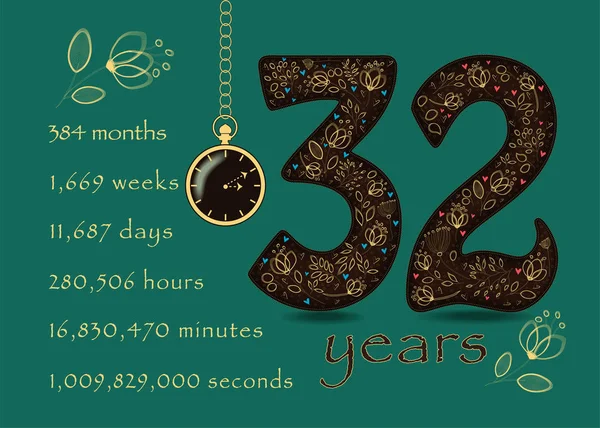 Time counting card. Number 32 and Pocket Watch - Stock Image - Everypixel