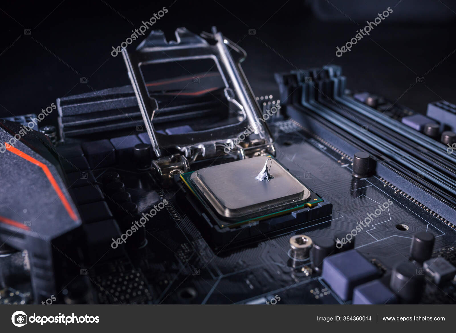Thermal grease paste on computer processor chip. Thermal compound on on ...