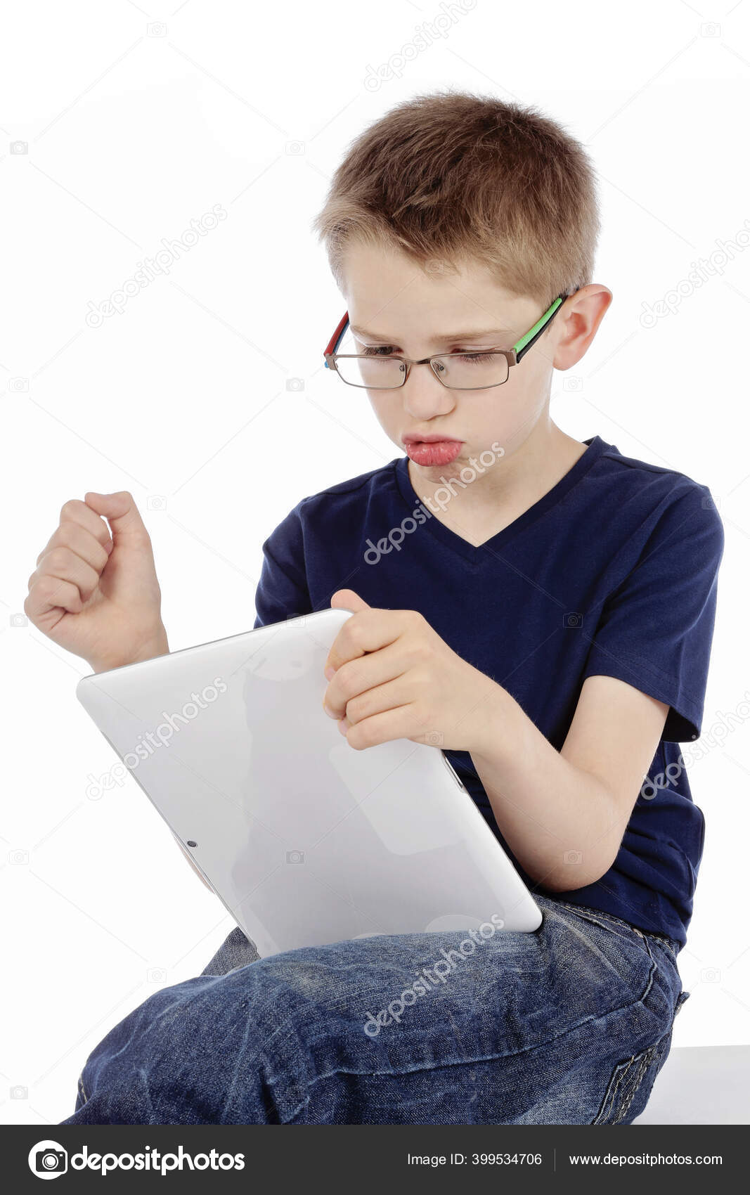 Angry Young Caucasian Year Old Boy Child Playing Laptop White Stock ...