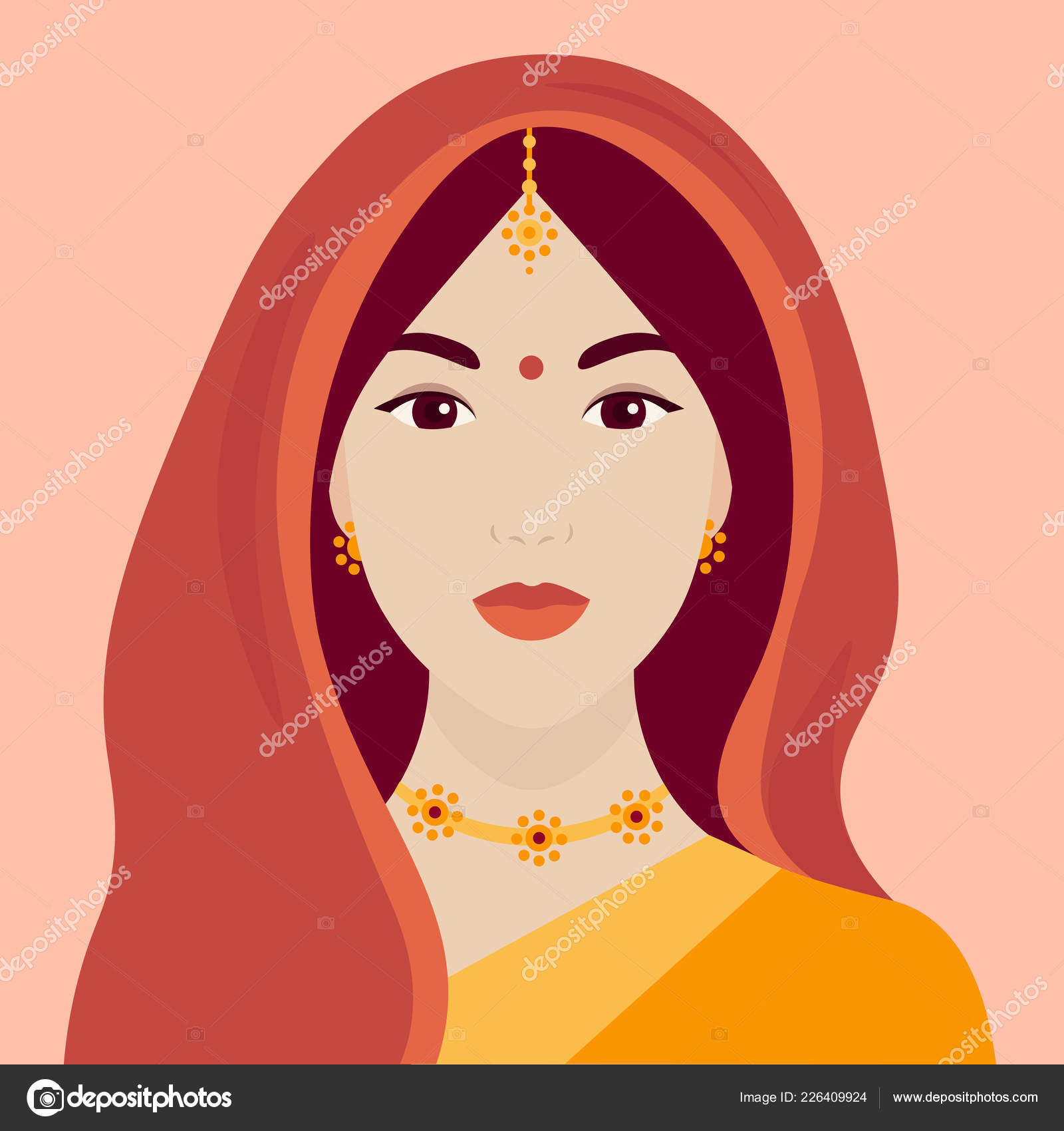 Portrait Indian Woman Sari Female Face Head Girl Veil Vector Stock ...