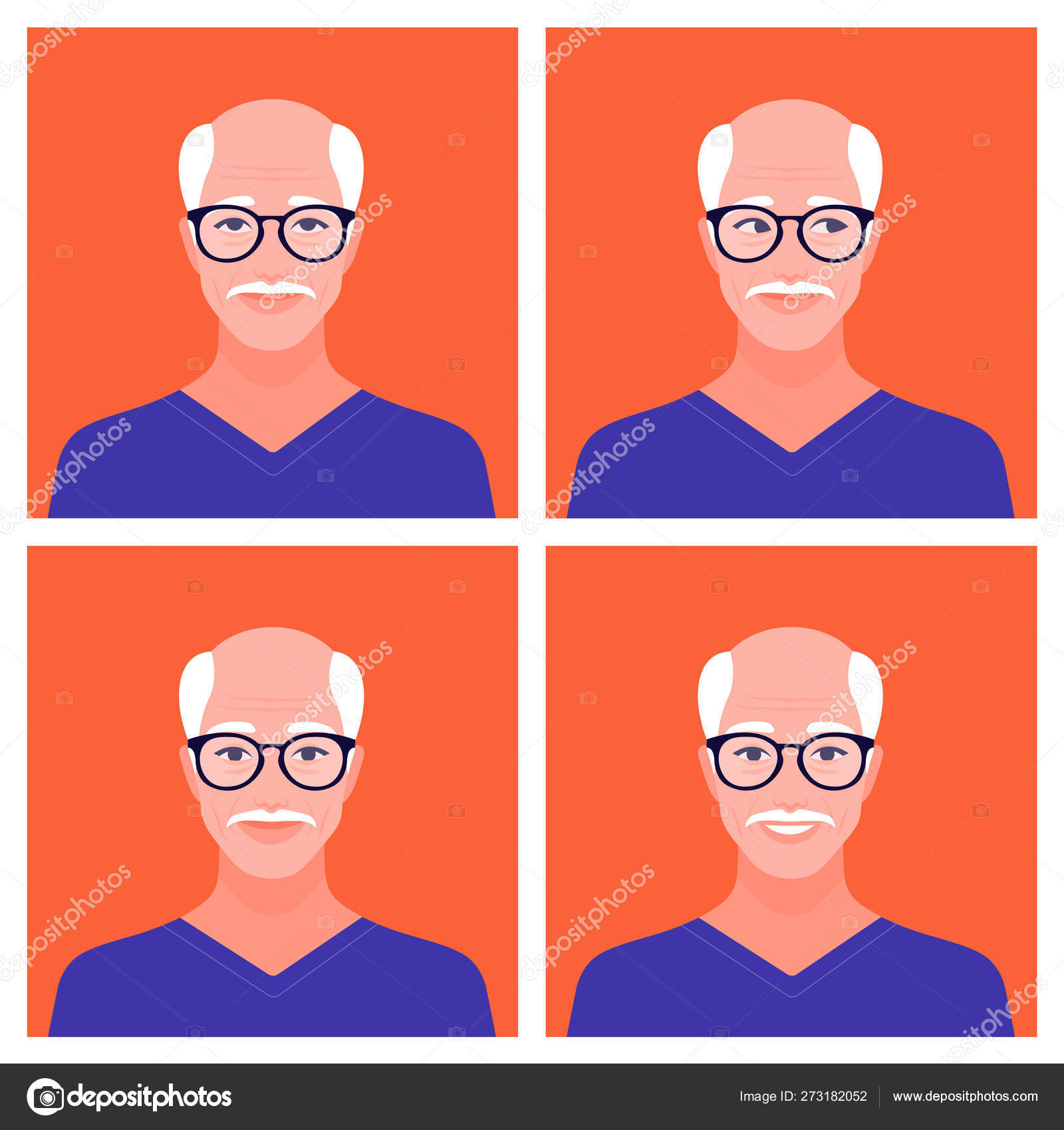 Set Avatars Old Man Different Emotions Happiness Curiosity Dreaming ...