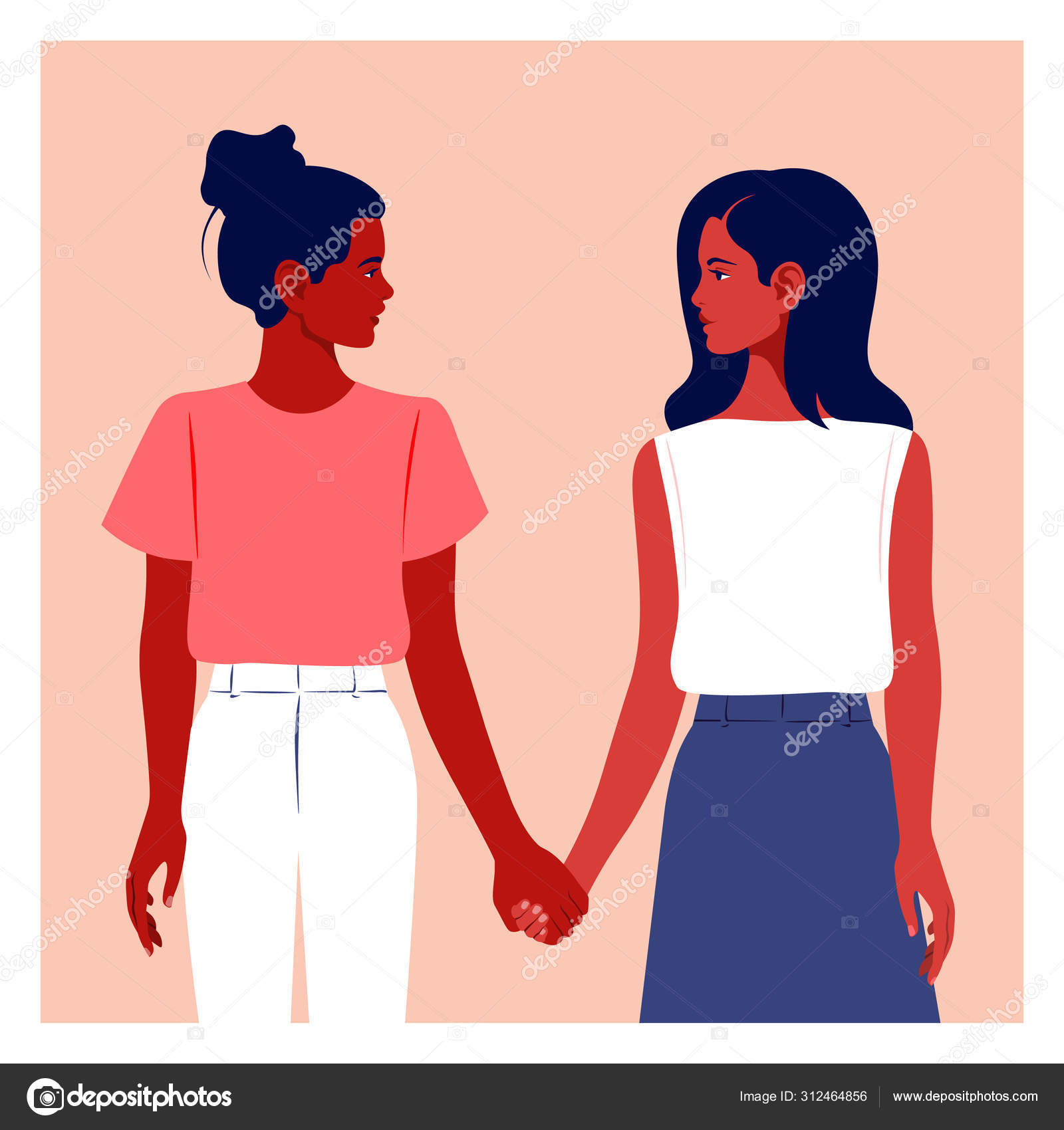 Two Girls Hold Hands Girlfriends Two Schoolgirls Looking Each Other