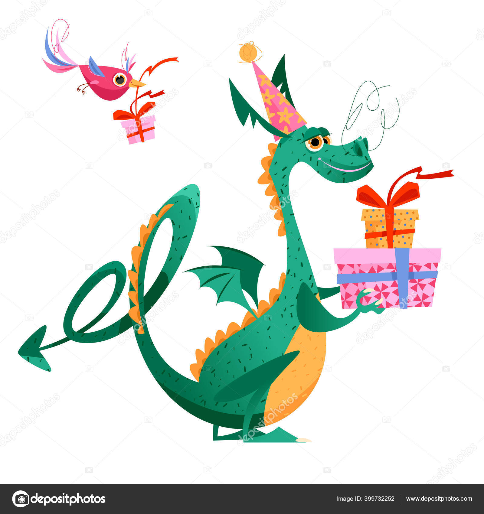 Birthday Dragon Dragon Holding Pile Gifts Bird Bearing Gift Box Stock ...