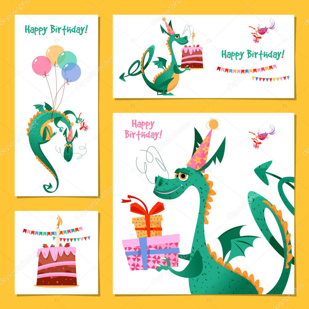 Conjunto de 4 cartas universales con dragón. Plantilla. ¡Feliz Cumpleanos! ¡Feliz cumpleaños ...