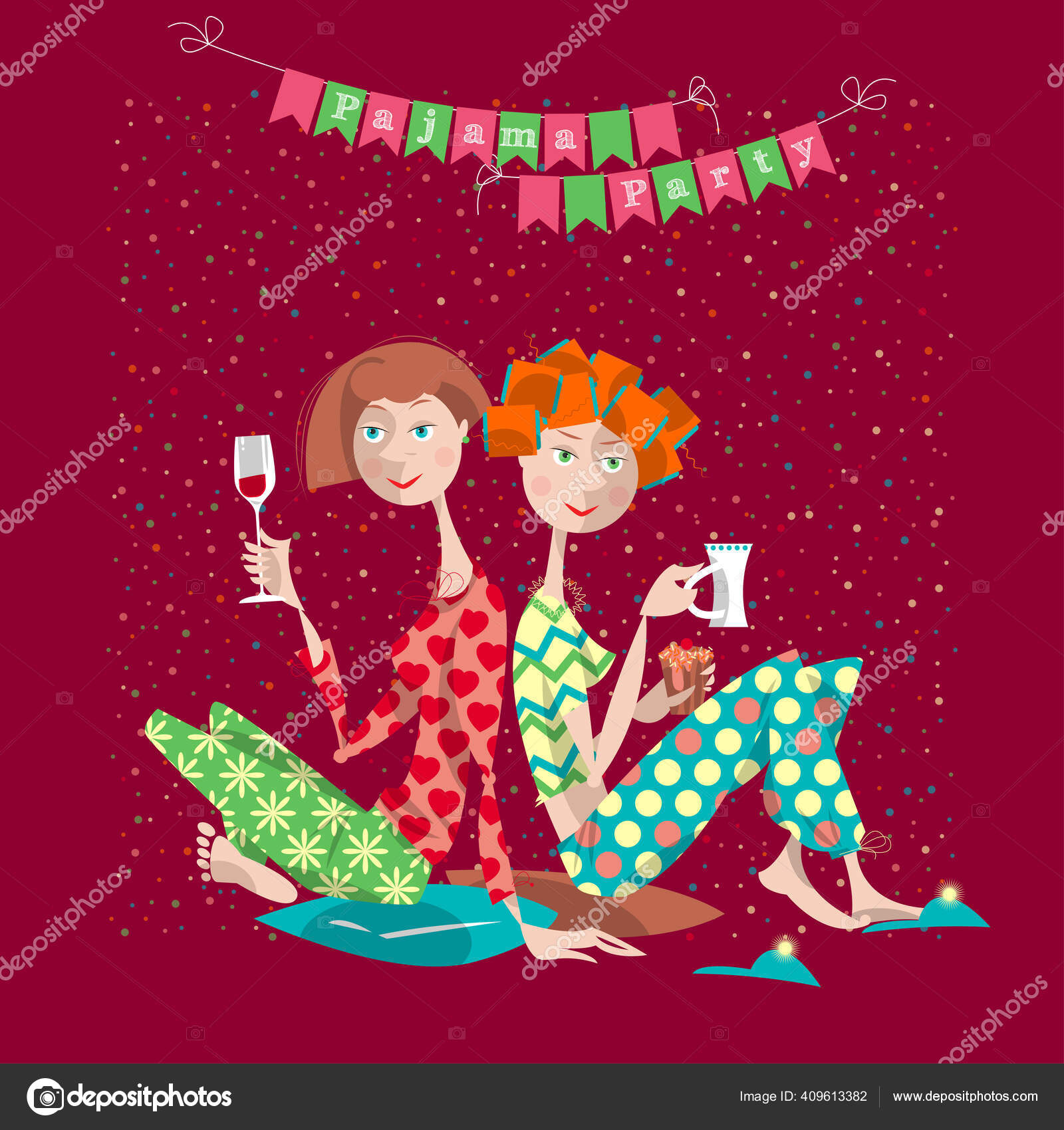 Two Girls Slumber Party Pajama Party Vector Illustration Stock Vector