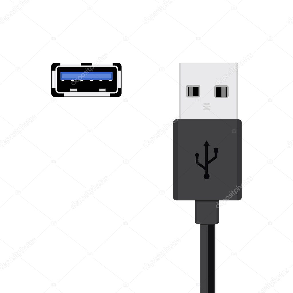 Puerto USB realista y conector aislado sobre fondo blanco 2023