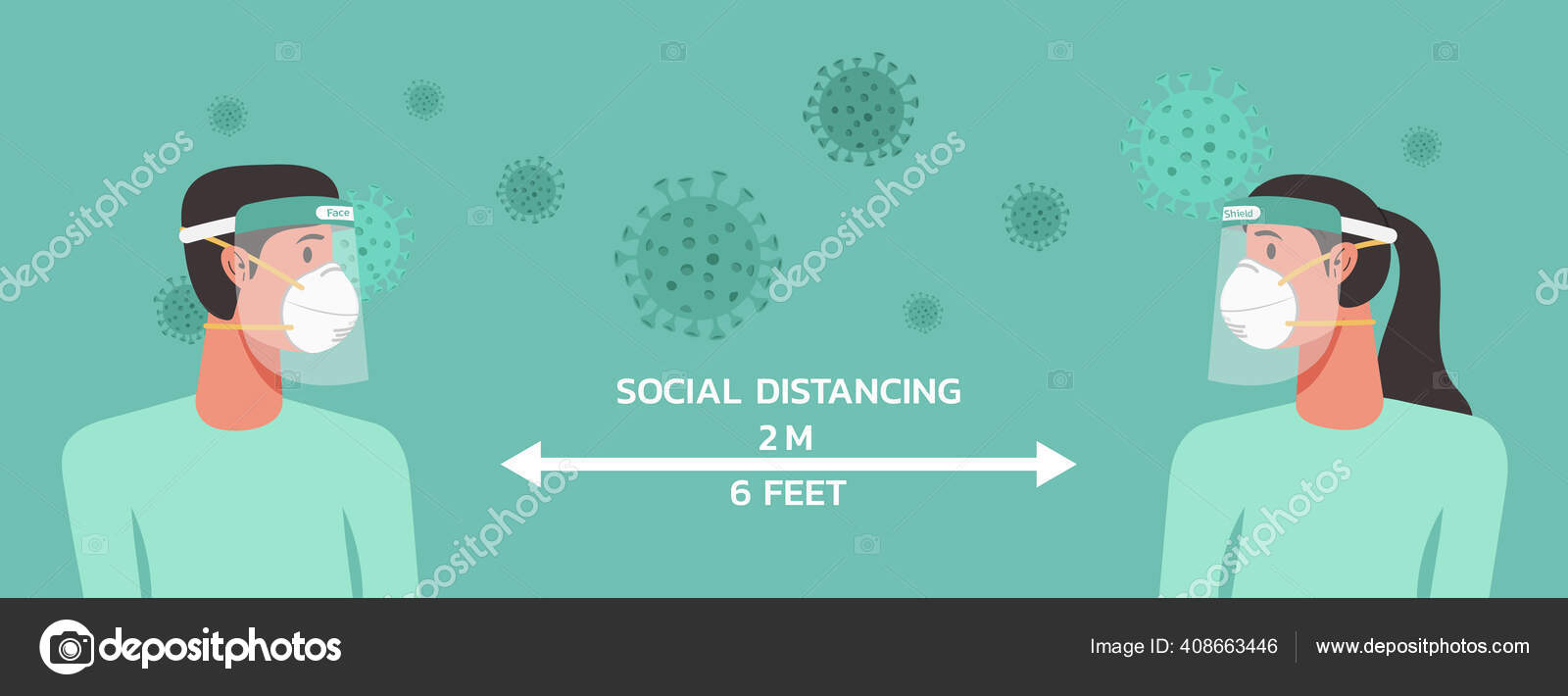 Woman Man Character Wearing N95 Mask Face Shield Maintain Social Stock ...