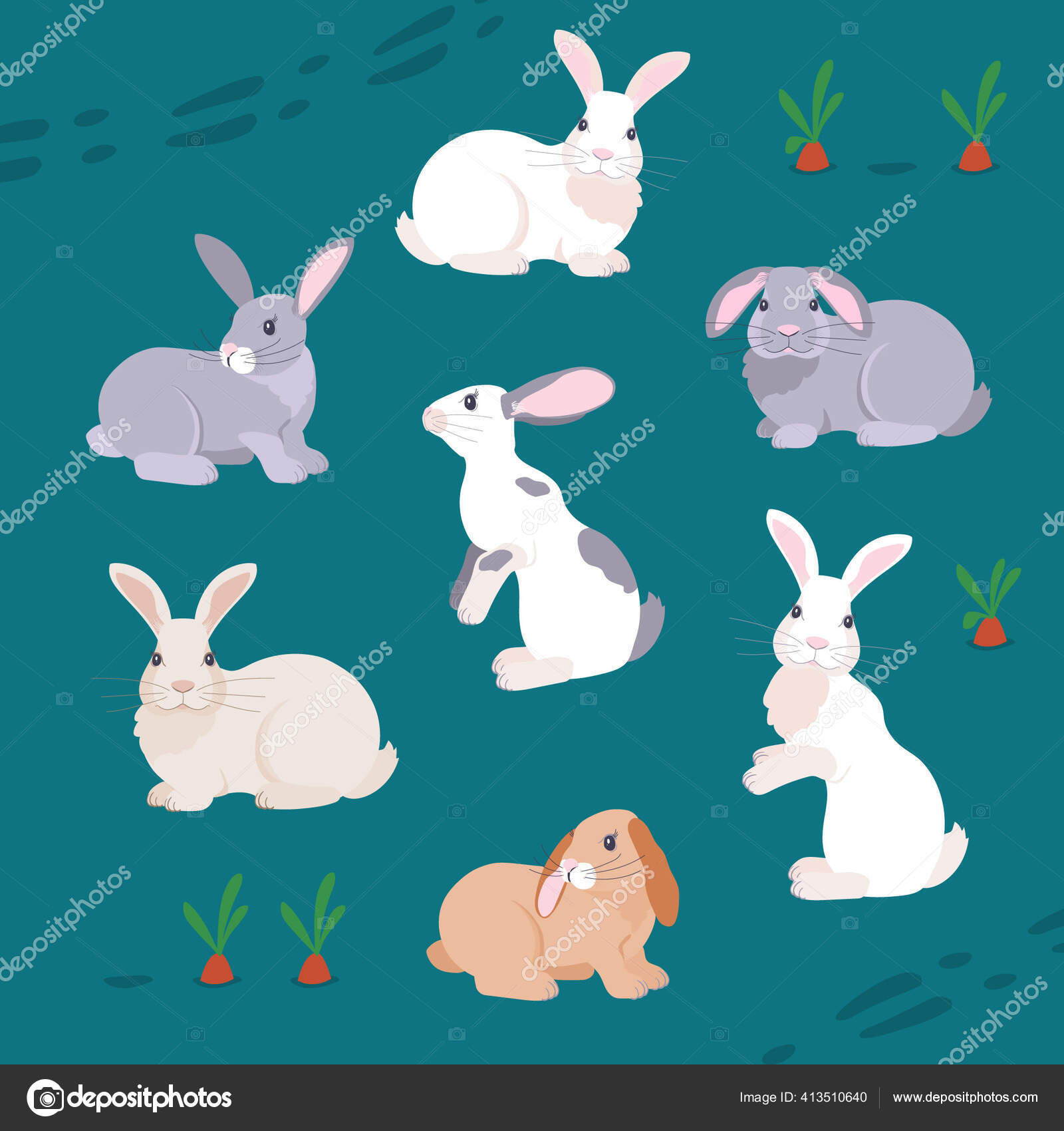 Vector Graphics Various Rabbits Teal Color Background Set Bunnies ...