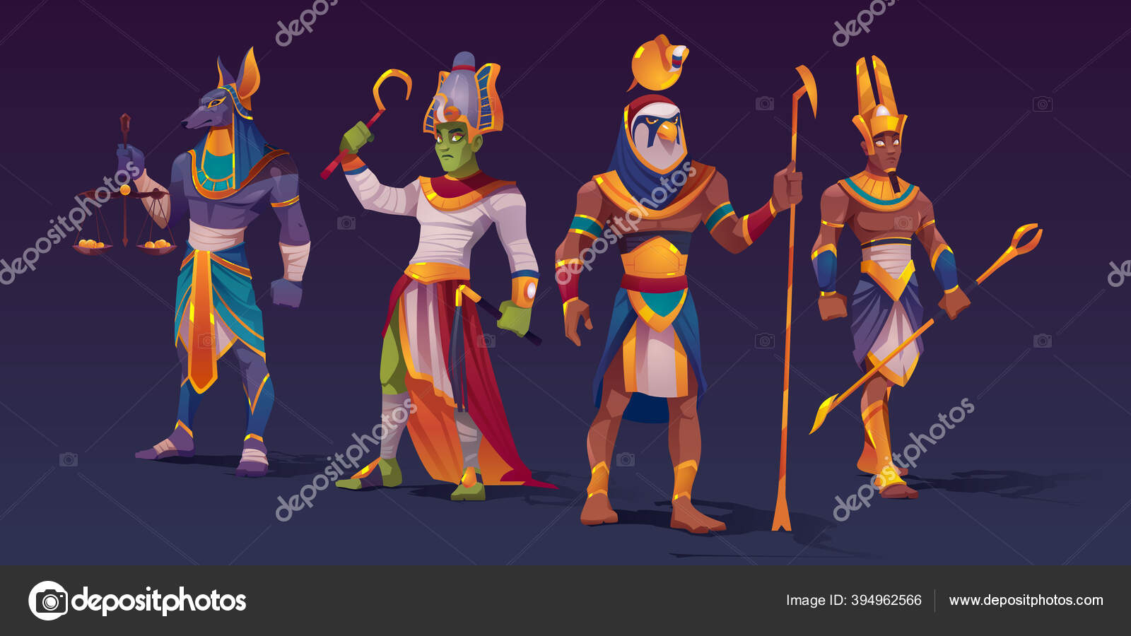 Egyptische goden Anubis, Ra, Amon, Osiris personages vectorafbeelding ...