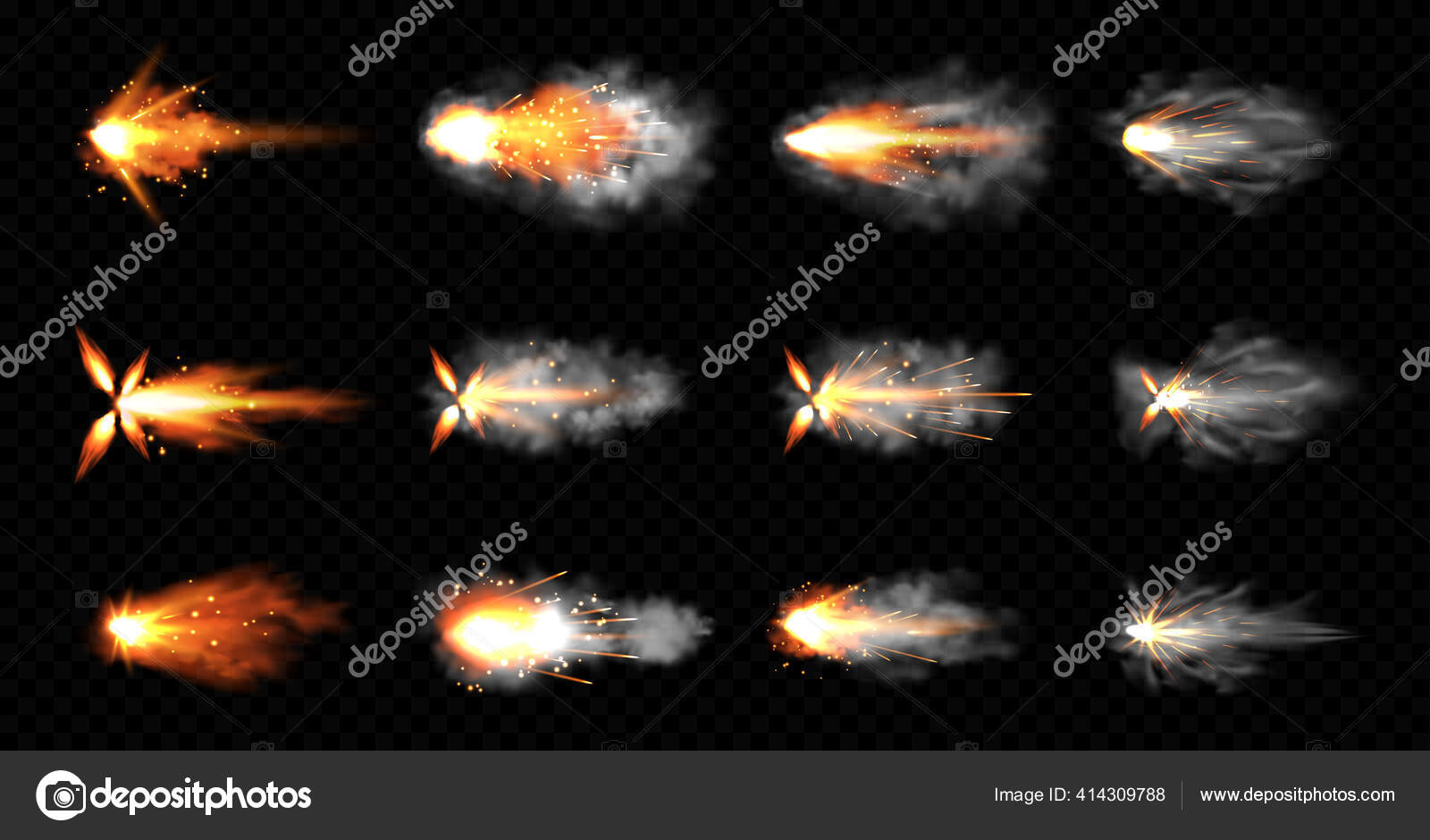 Gun flashes with fire and smoke. Pistol shots set — Stock Vector ...