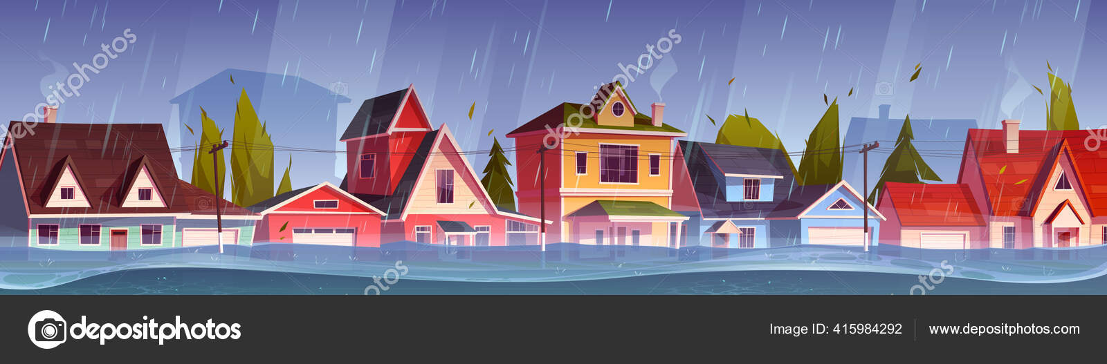 Flood in town, river water stream flow at street — Stock Vector ...