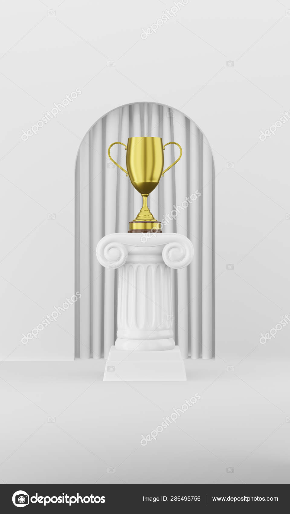 Abstract podium column with a golden trophy on the white background ...