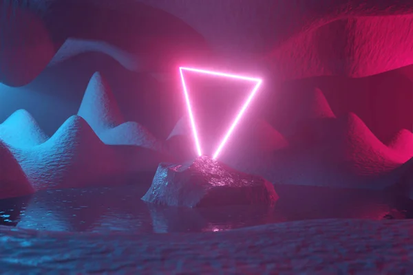 Glowing neon triangle, portal, gate against the backdrop of a red-blue ...