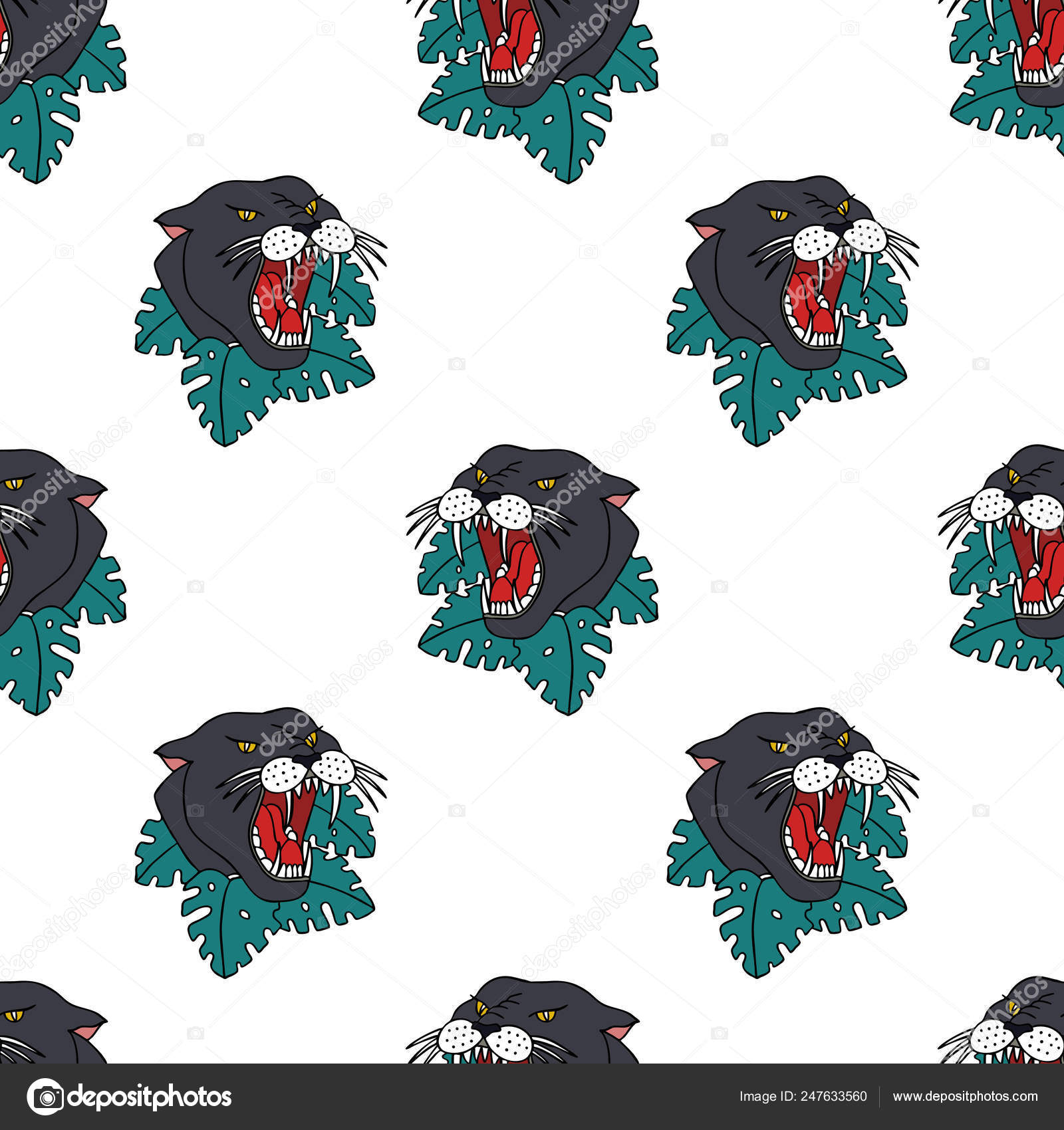 Panther illustration traditional tattoo flash seamless doodle pattern ...