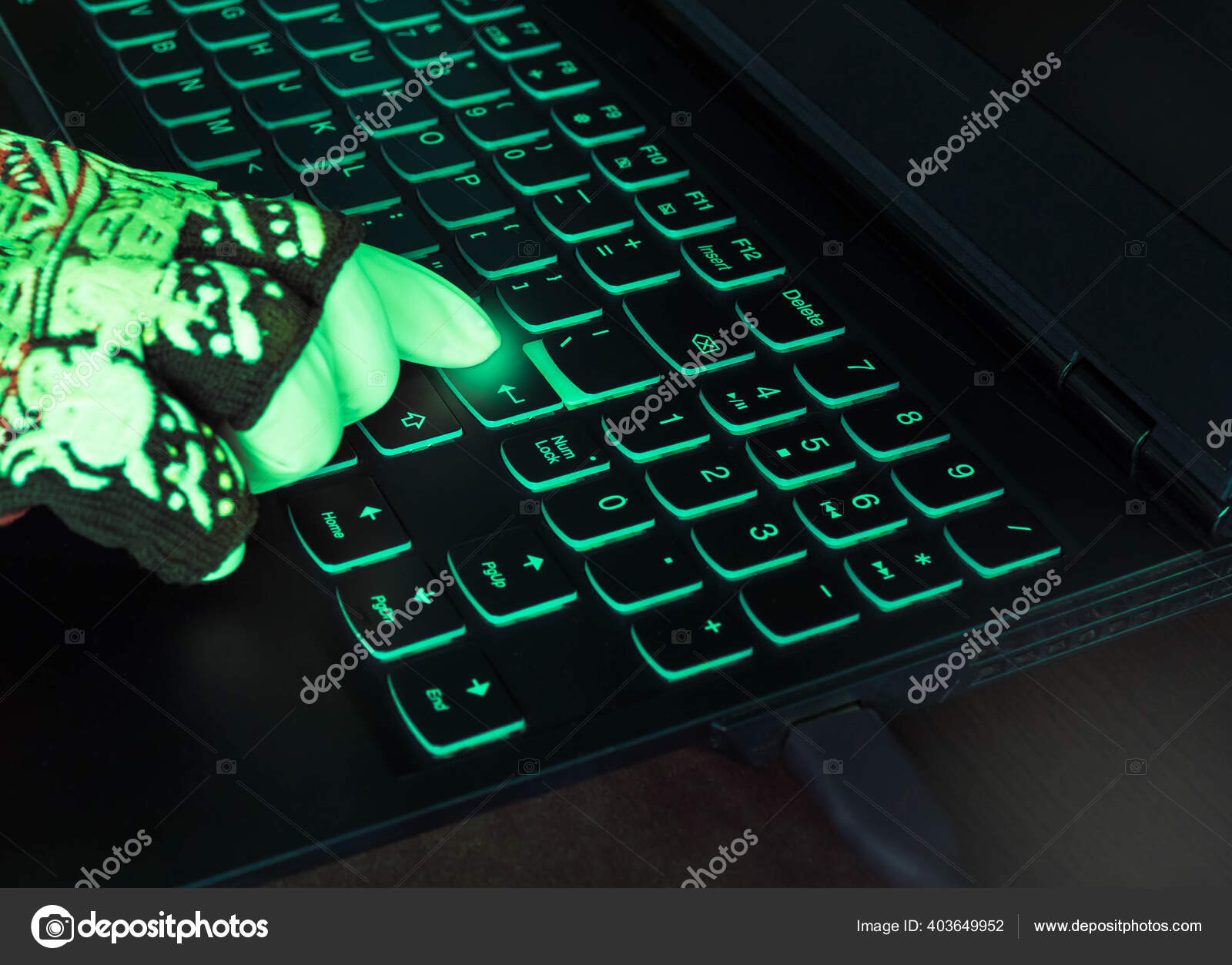 Close Hacker Hand Gloves Typing Keyboard Enter Green Light Blured ...