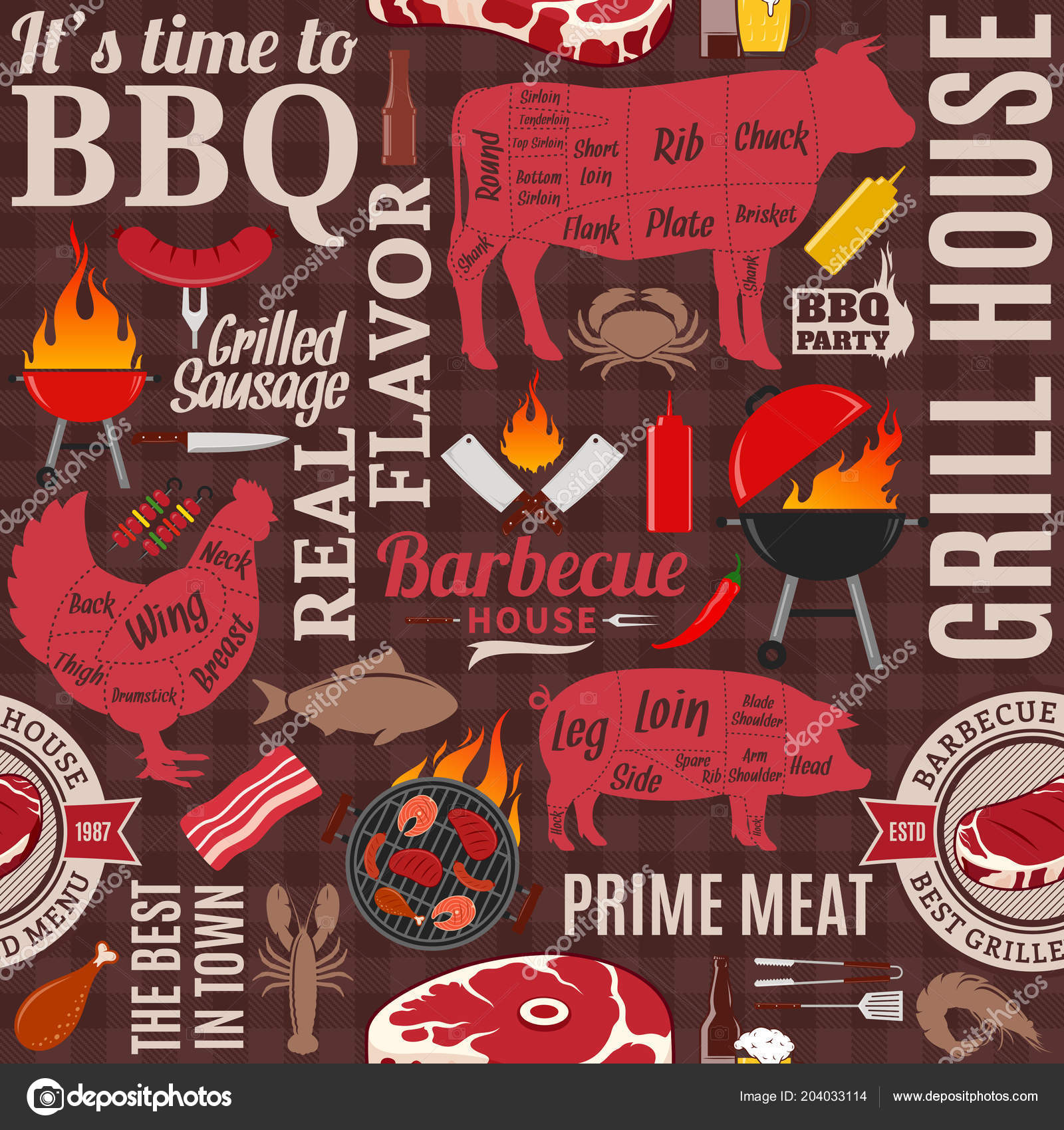 Vector Barbecue Seamless Pattern Background Bbq Meat Vegetables Beer ...