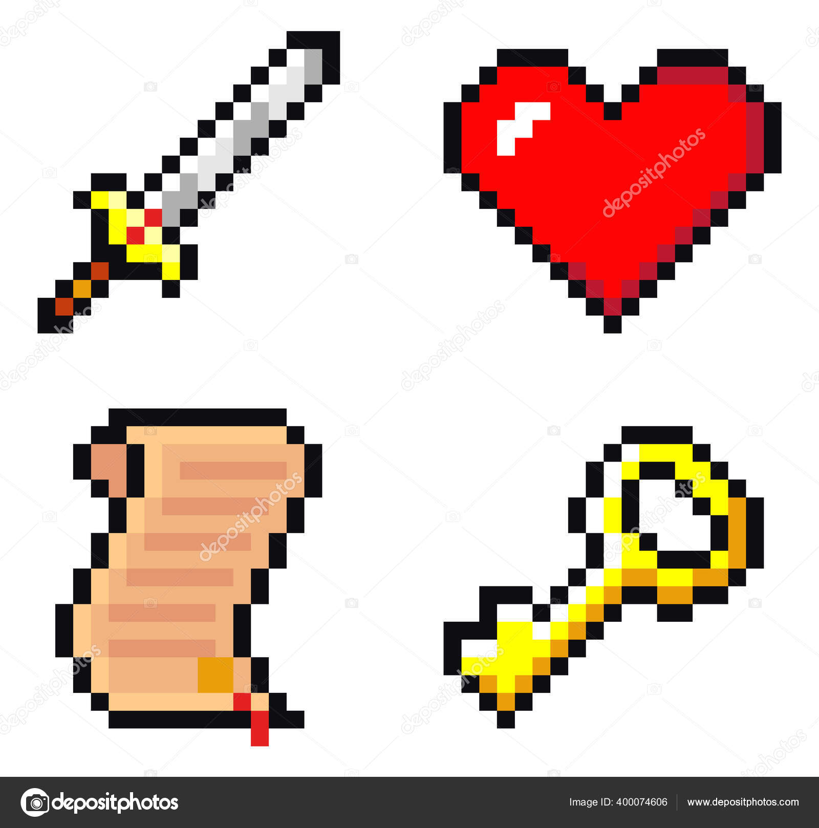 Icons set of sword, scroll, heart and key. Illustration of pixel art ...