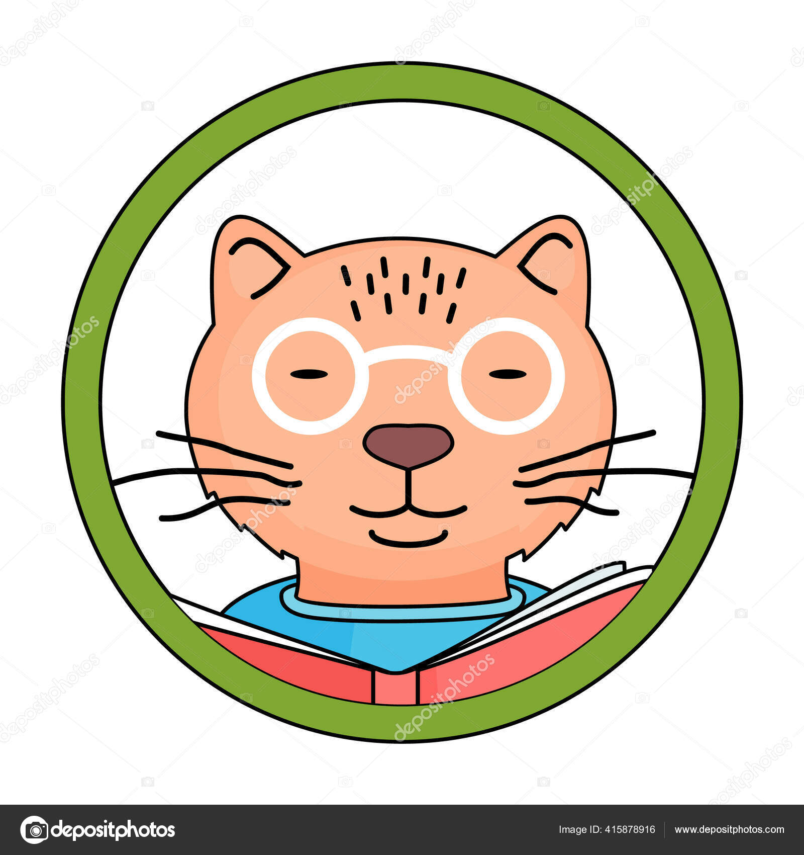 Leuke kat het lezen van een boek vector cartoon illustratie in cirkel ...